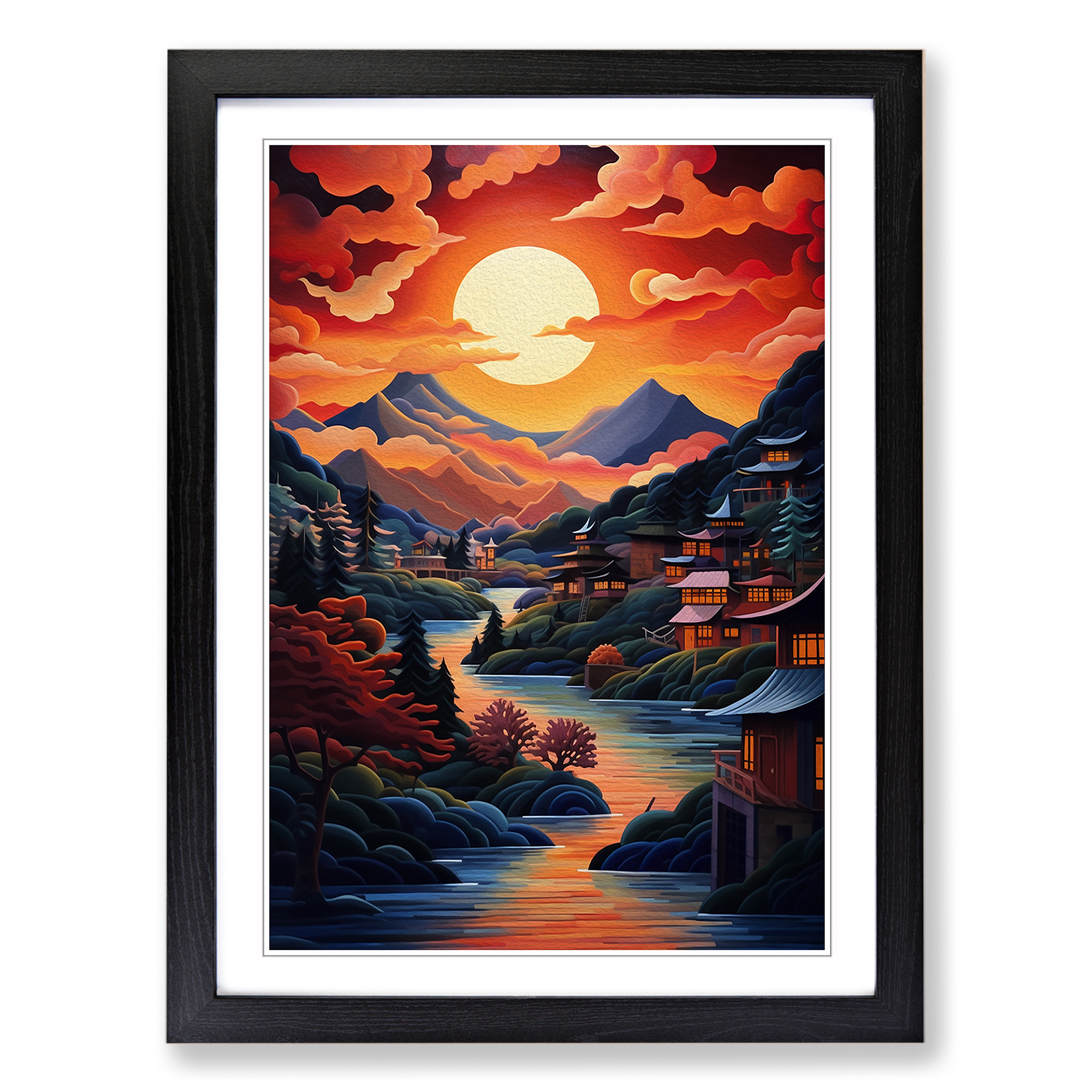 Japanese Sunset Cubism Framed Canvas Wall Art Print Poster Picture ...